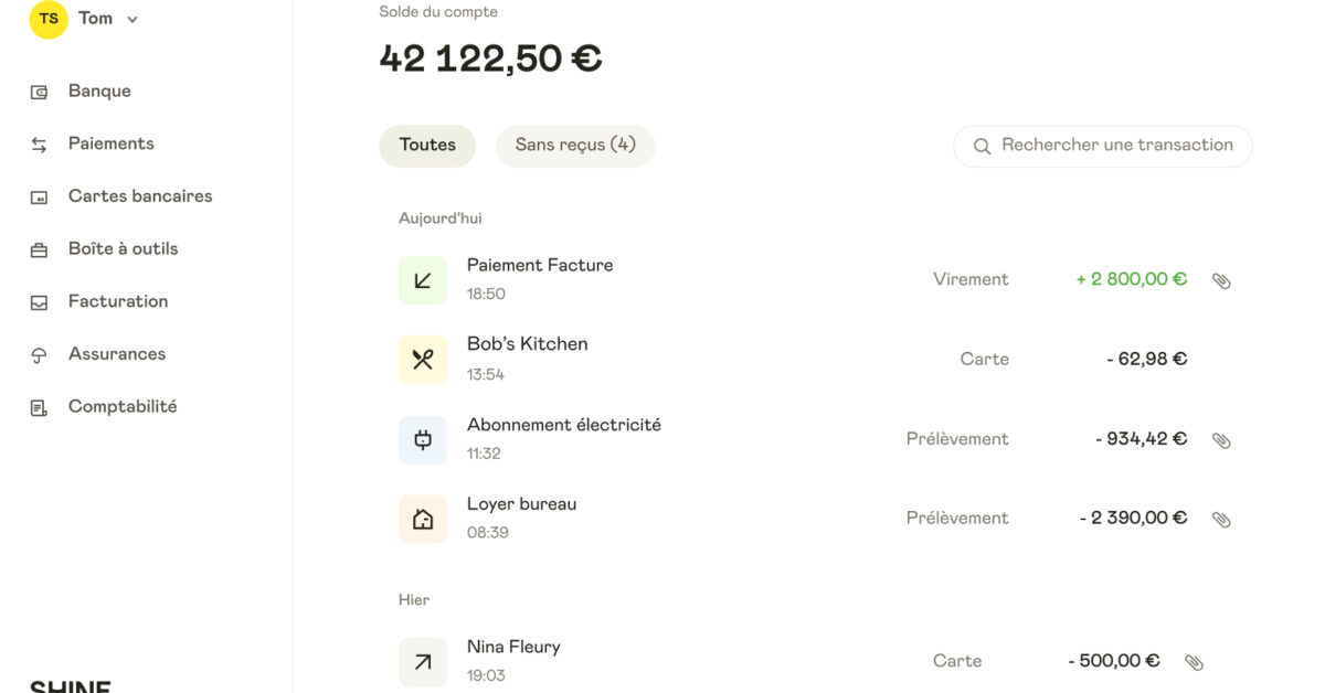 Shine : un compte bancaire en ligne adapté aux professionnels : TPE, PME, indépendants...