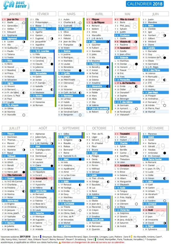 Calendrier 2018 à imprimer : jours fériés, vacances, numéros de semaine…