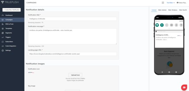 Truepush : un outil gratuit pour envoyer des notifications push sur desktop et mobile