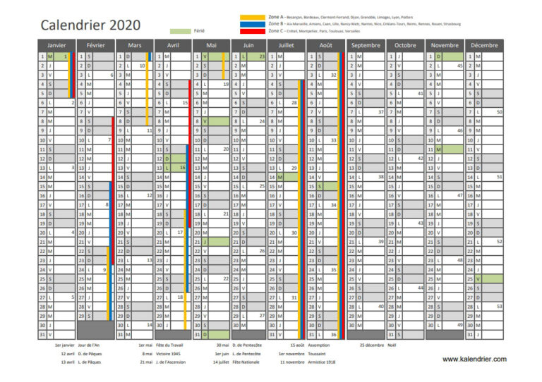 Calendrier 2020 à imprimer : jours fériés, vacances, numéros de semaine…