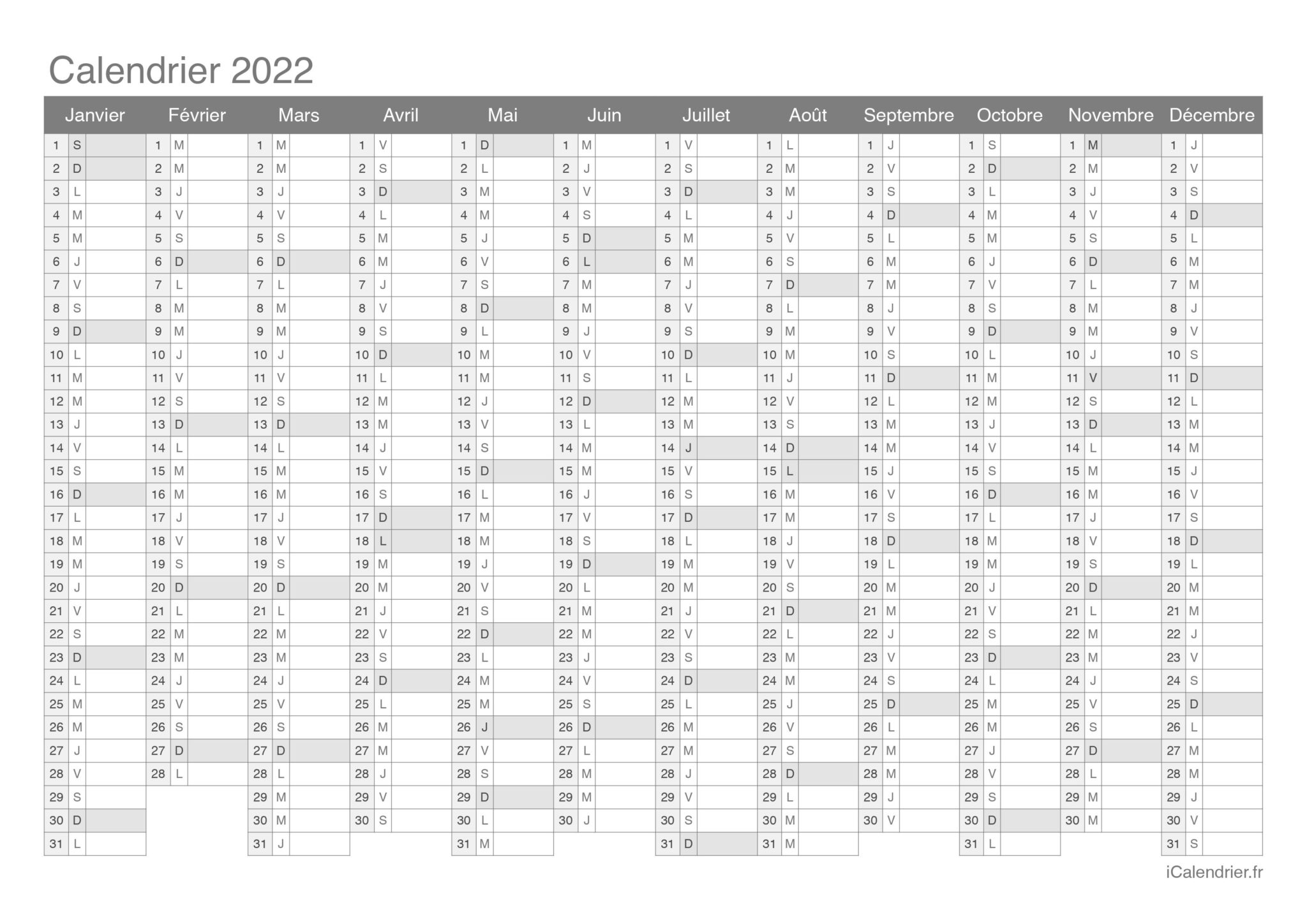 Calendrier 2022 à imprimer : jours fériés, vacances, numéros de semaine…