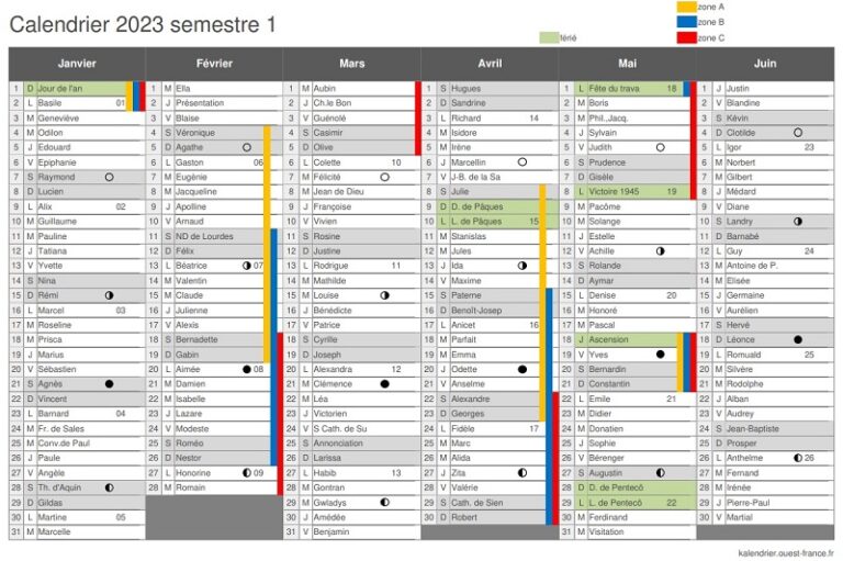 Calendrier 2023 à imprimer : jours fériés, vacances, numéros de semaine ...