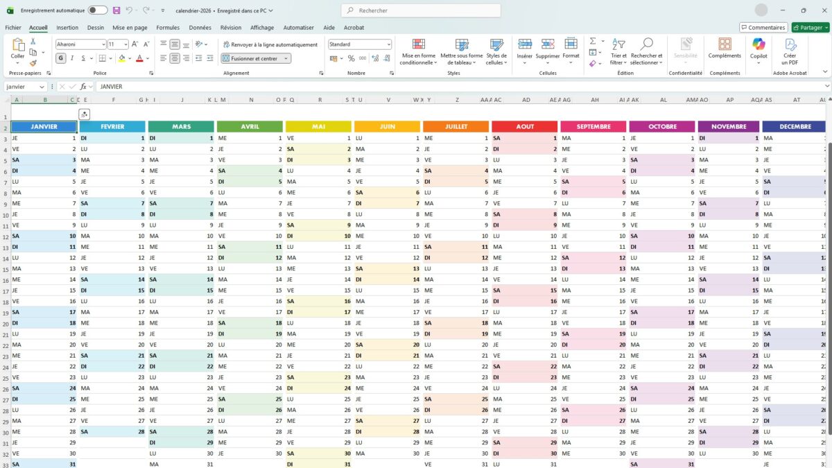 Calendrier 2026 à imprimer : jours fériés, vacances, numéros de semaine ...