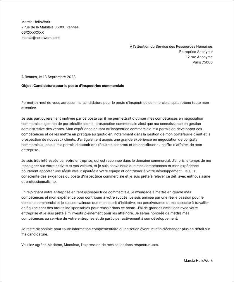 Exemple Lettre de Motivation Inspecteur commercial | Hellowork