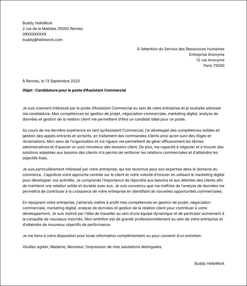 Exemple Lettre de Motivation Commerce | Hellowork