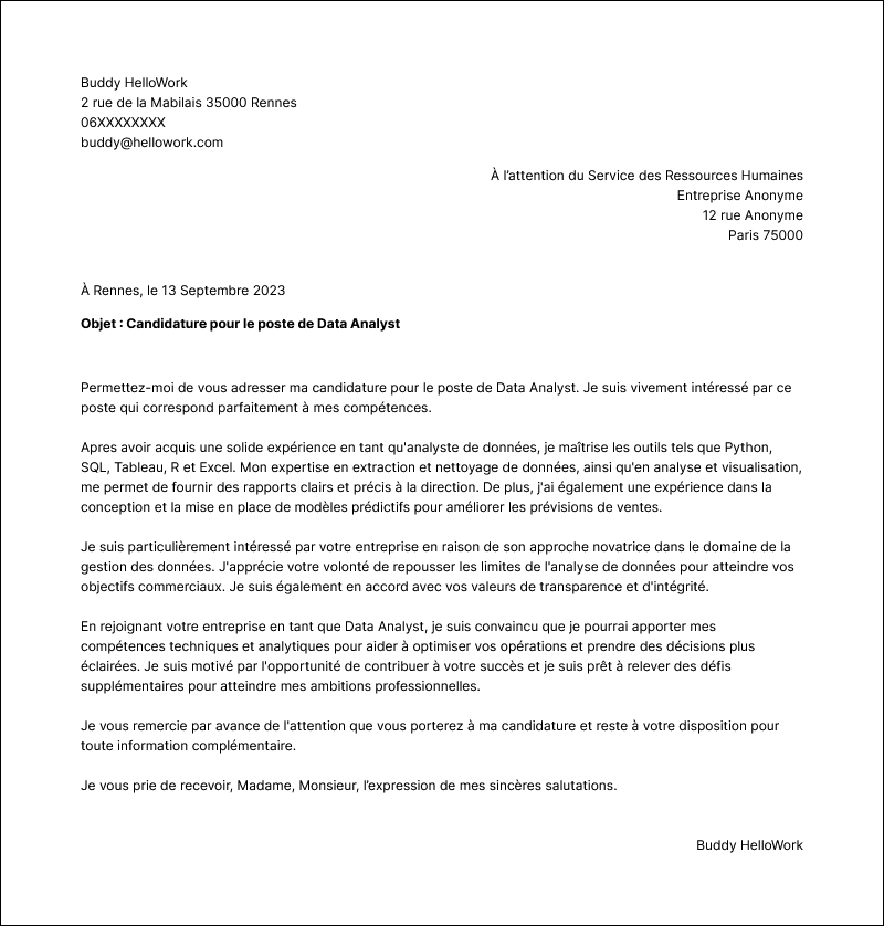 Exemple Lettre de Motivation Analyste de données | Hellowork