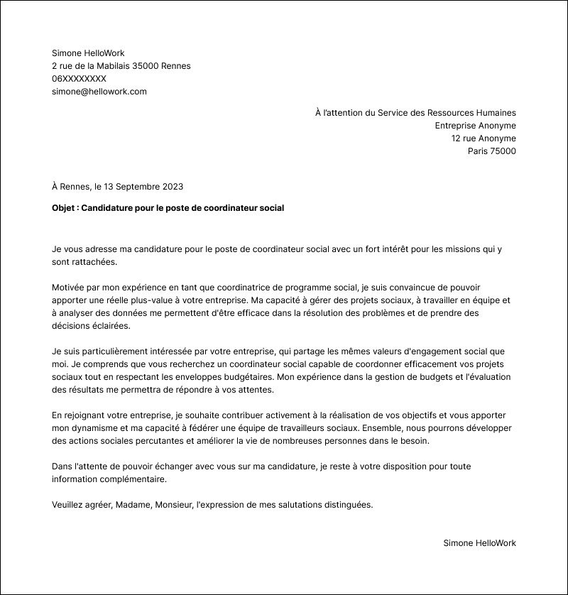 Exemple Lettre de Motivation Coordinateur social | Hellowork
