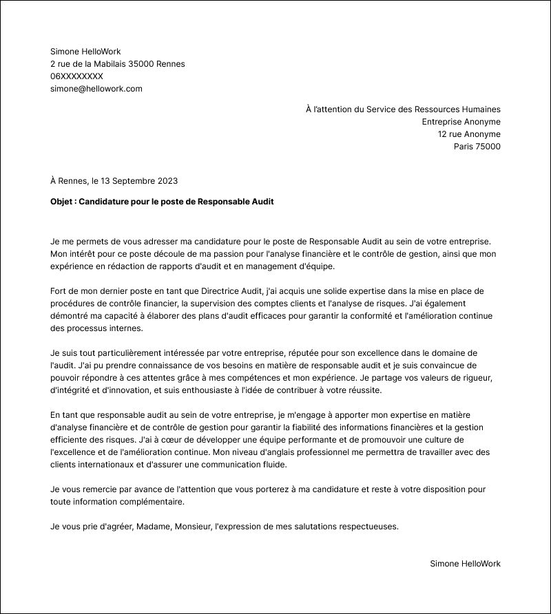 Exemple Lettre de Motivation Directeur audit | Hellowork