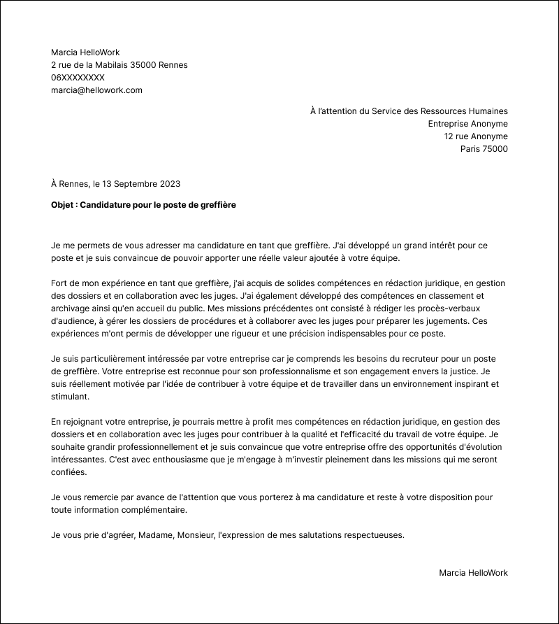 Exemple Lettre de Motivation Greffier | Hellowork