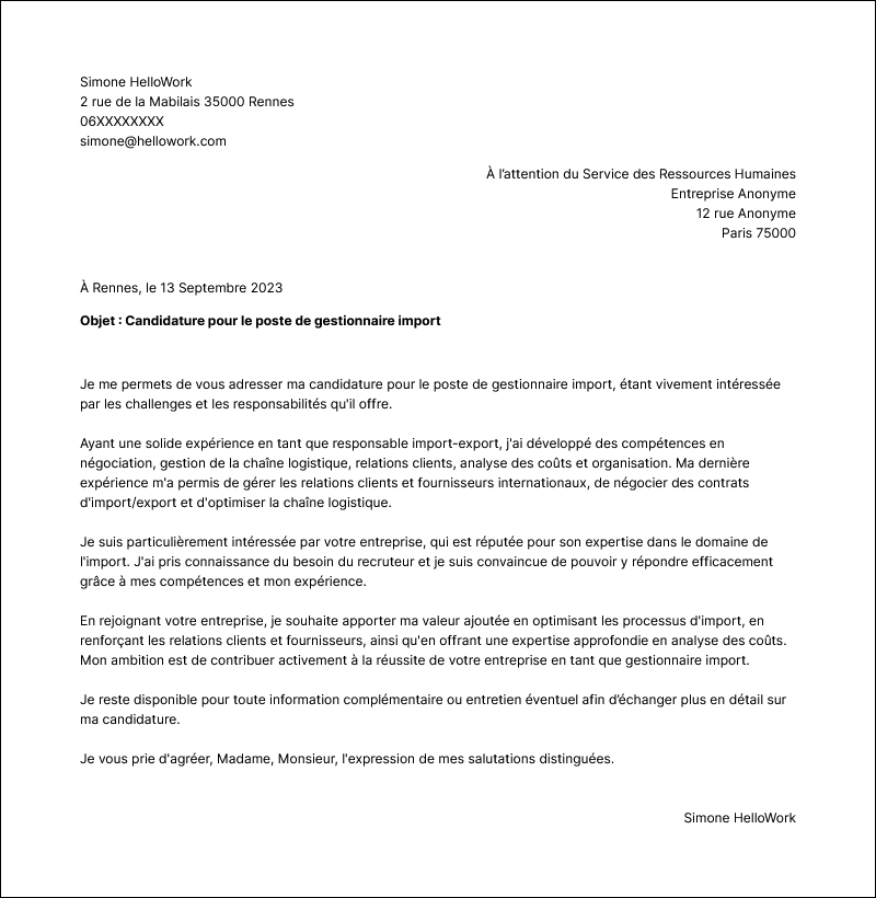 Exemple Lettre de Motivation Responsable import export | Hellowork