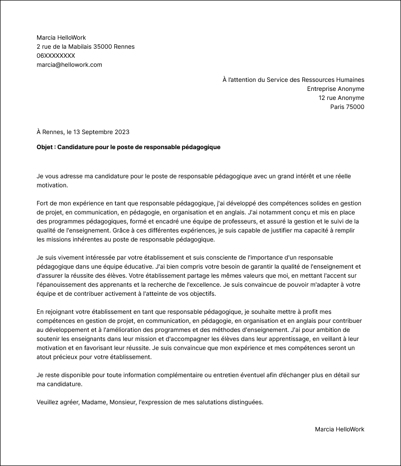 Exemple Lettre de Motivation Responsable pédagogique | Hellowork