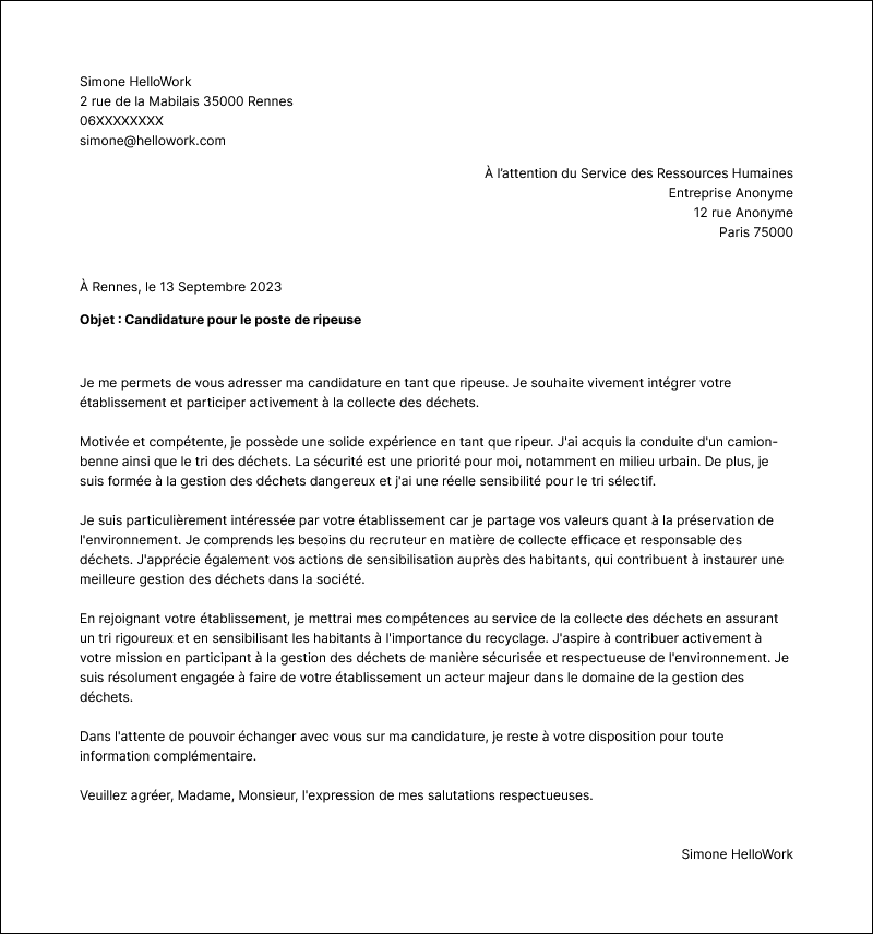 Exemple Lettre de Motivation Ripeur | Hellowork