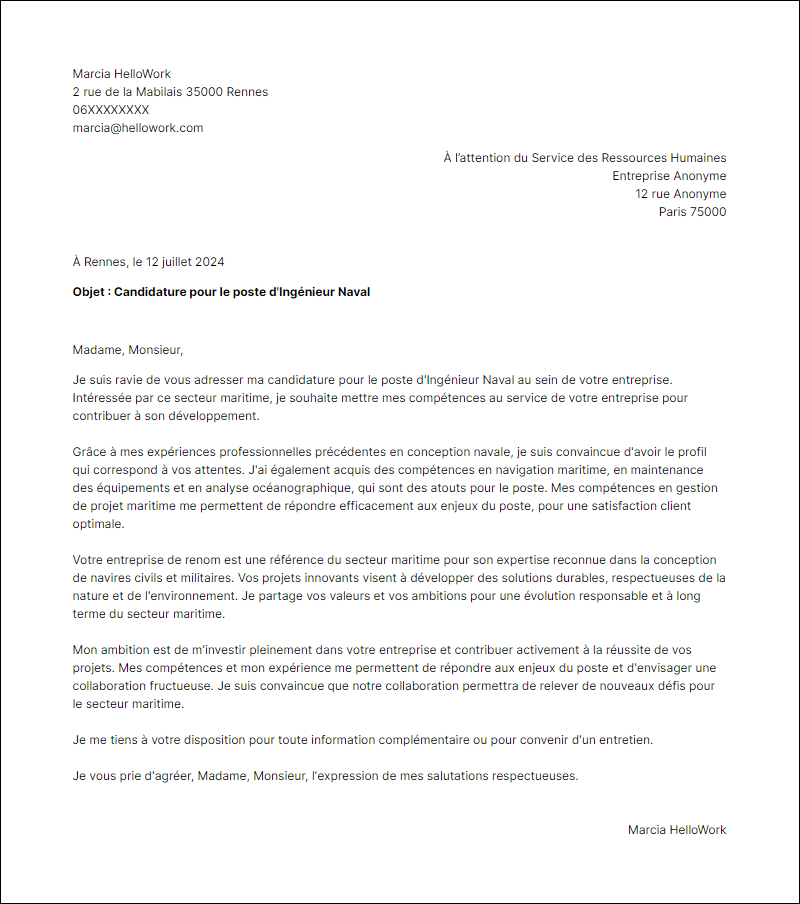 Exemple Lettre de Motivation Marine | Hellowork