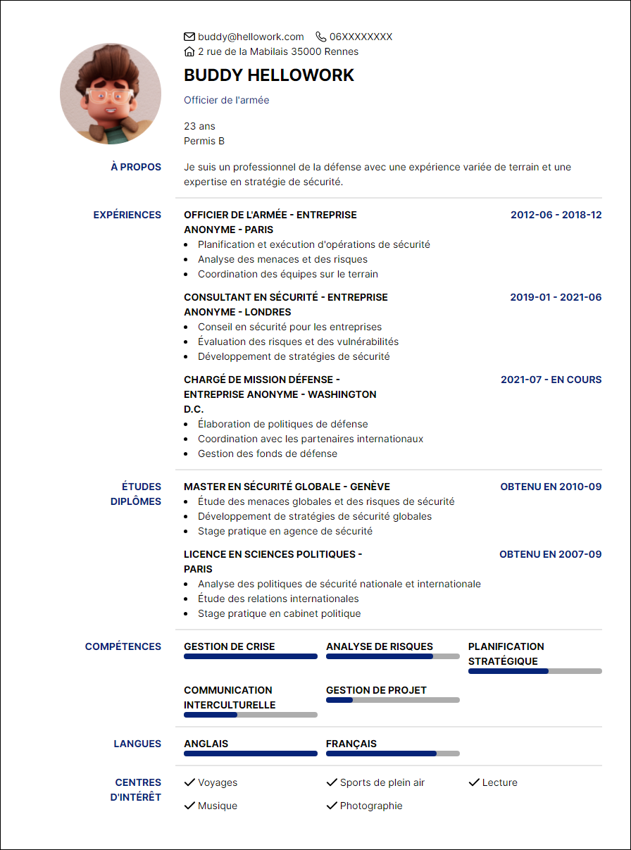 Exemple CV Défense | Hellowork