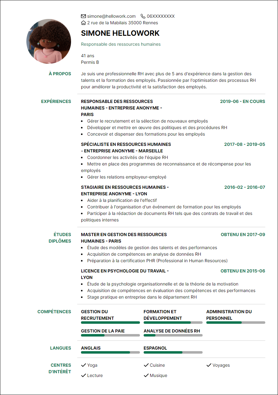 Exemple CV Ressources Humaines | Hellowork