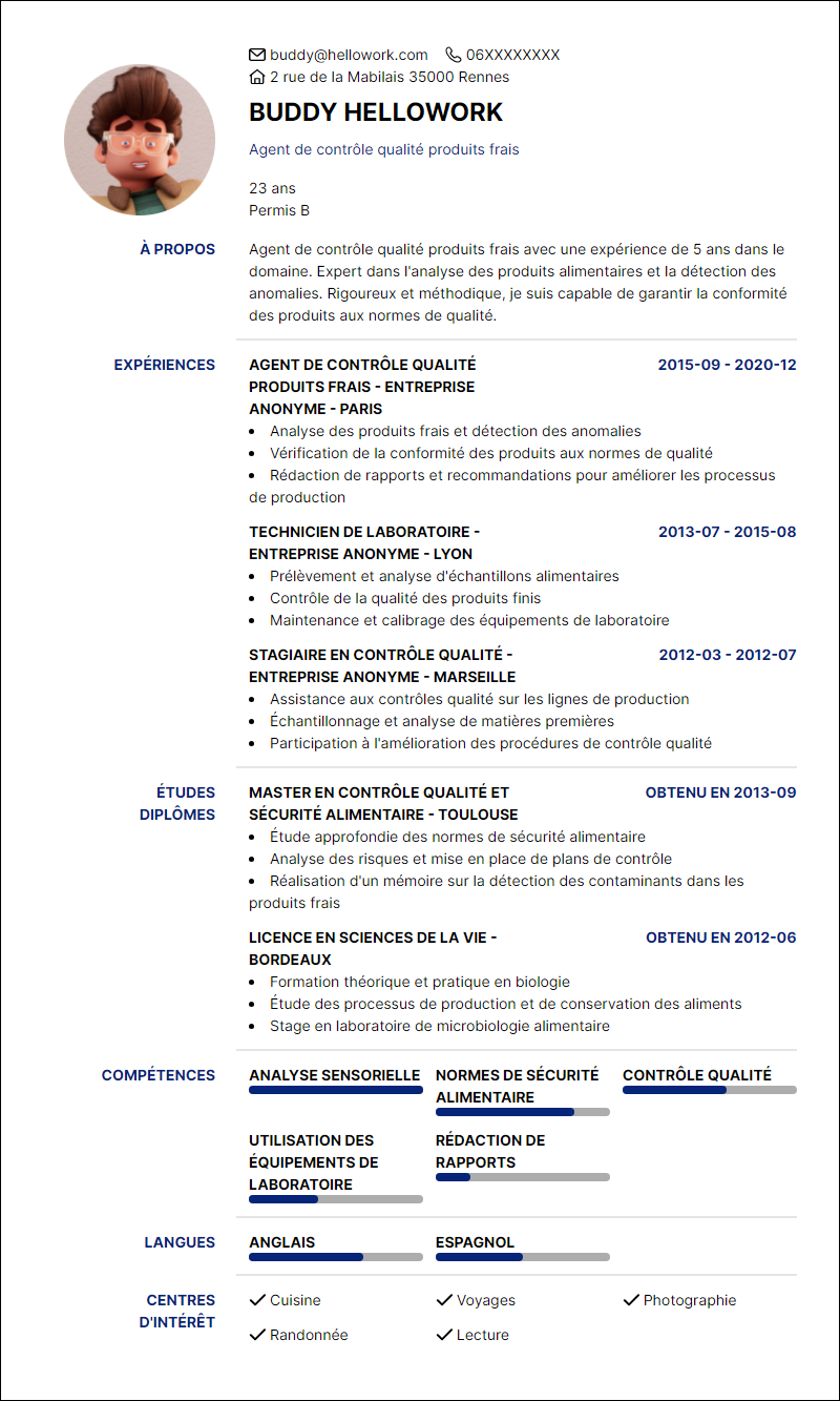 Exemple CV Assistant qualité agroalimentaire | Hellowork