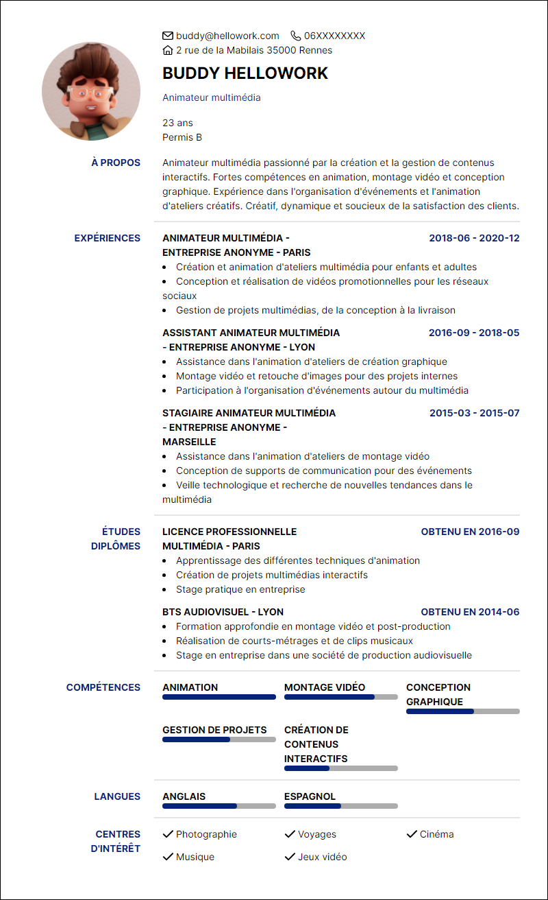 Exemple CV Animateur multimédia | Hellowork