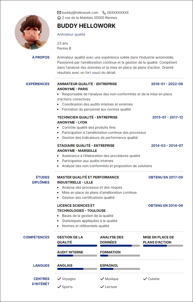 Exemple CV Animateur qualité | Hellowork