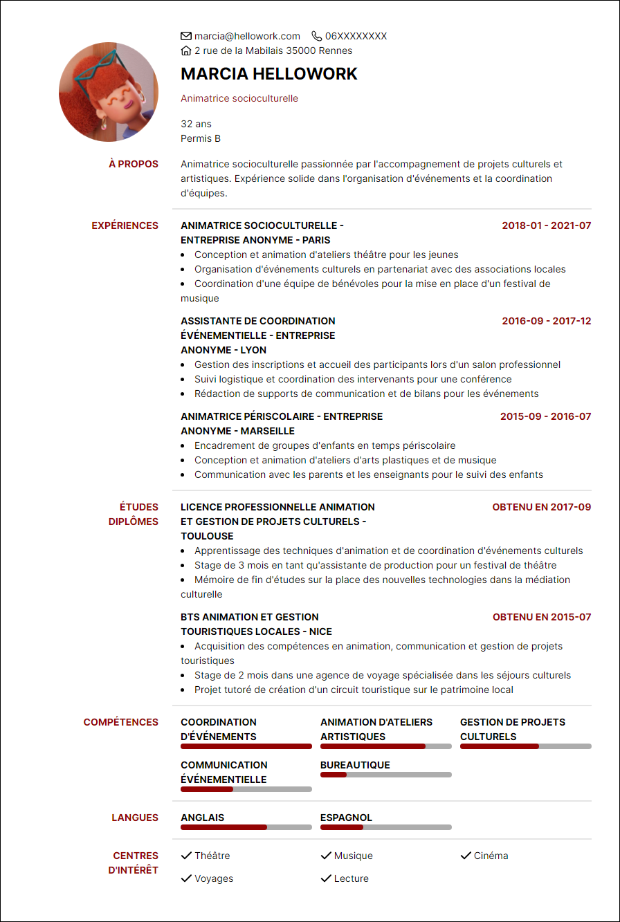 Exemple CV Animateur socioculturel | Hellowork