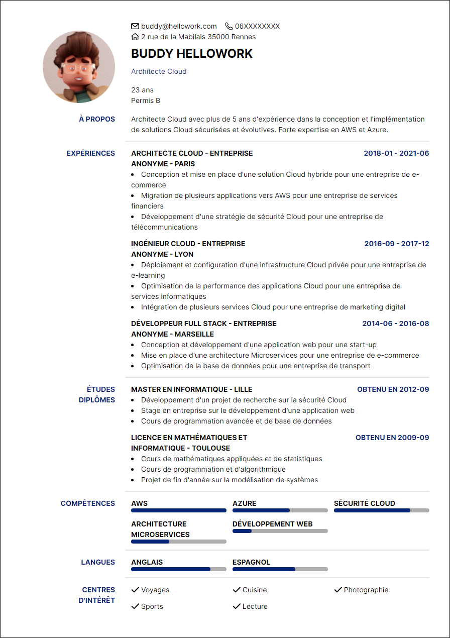 Exemple CV Architecte cloud | Hellowork