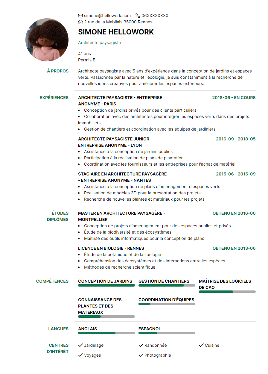 Exemple CV Architecte paysagiste | Hellowork