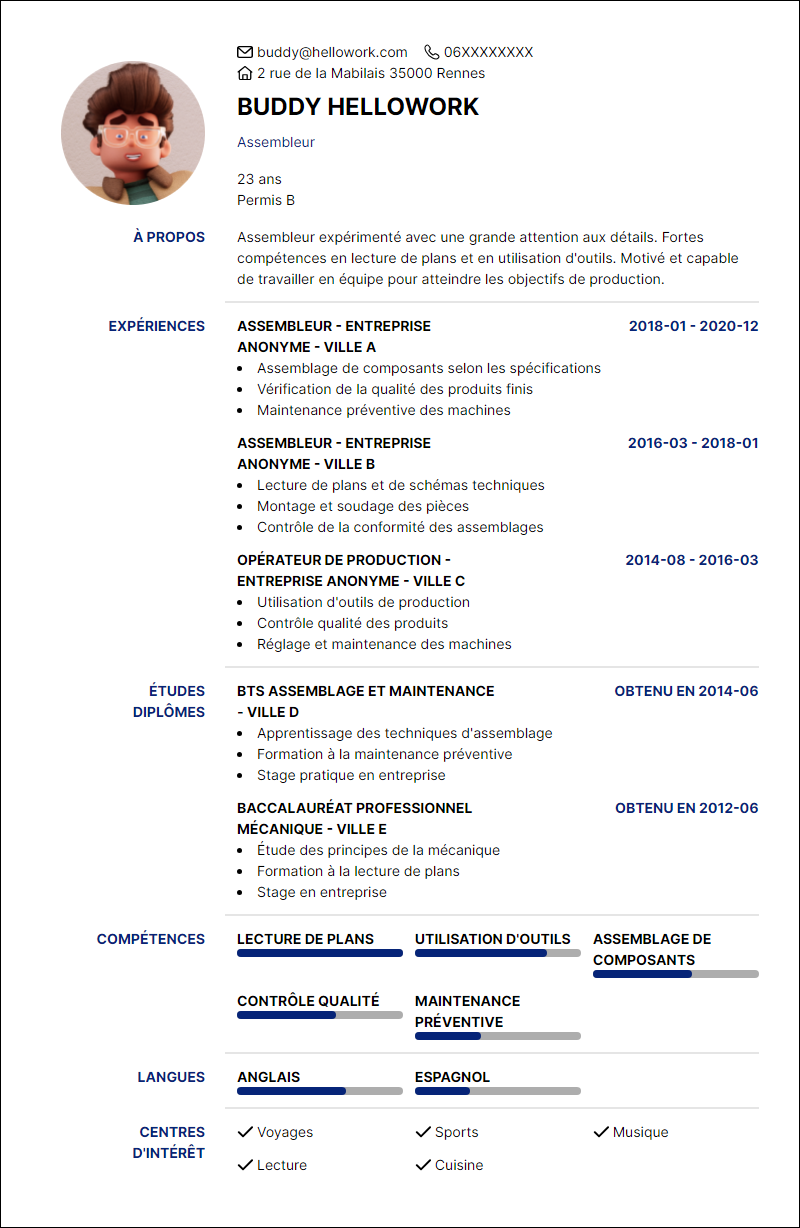 Exemple CV Assembleur | Hellowork