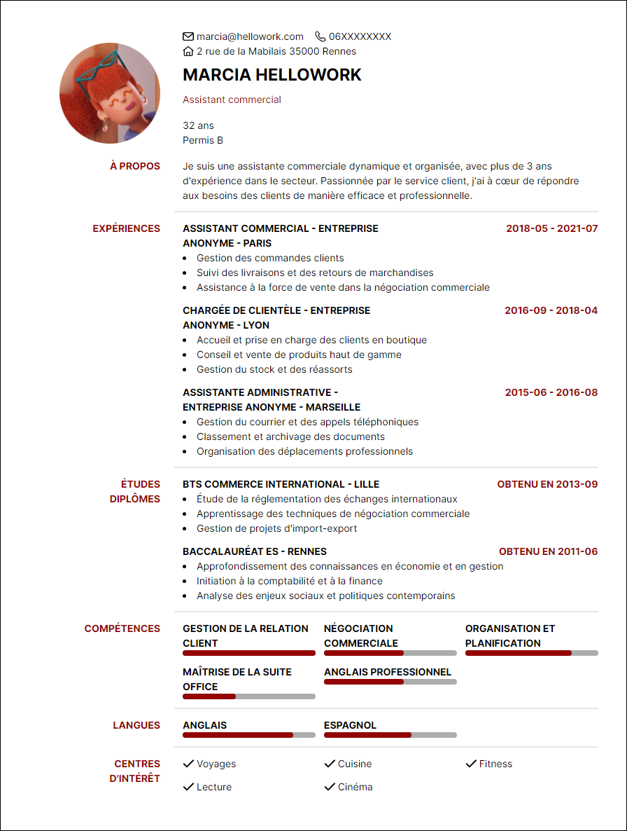 Exemple CV Assistant commercial | Hellowork
