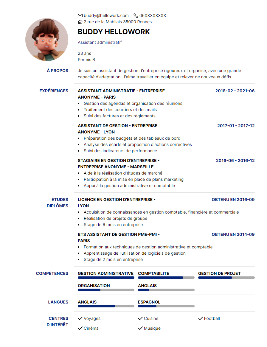 Exemple CV Assistant de gestion | Hellowork