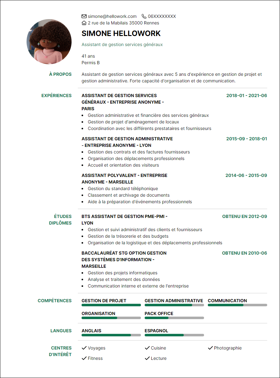 Exemple CV Assistant aux services généraux | Hellowork