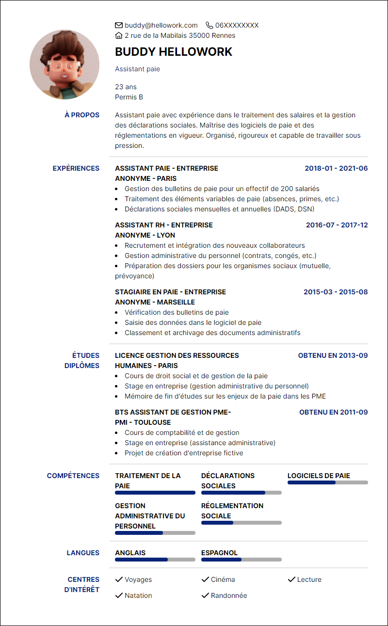 Exemple CV Assistant paie | Hellowork