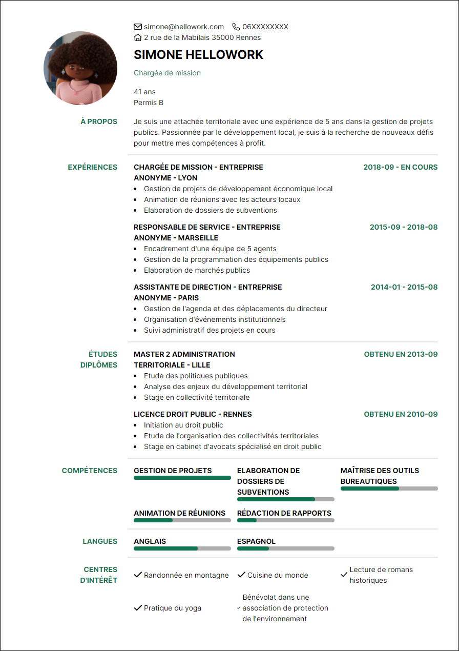 Exemple CV Attaché territorial | Hellowork