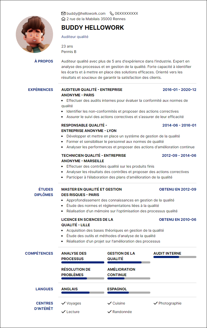 Exemple CV Auditeur qualité | Hellowork