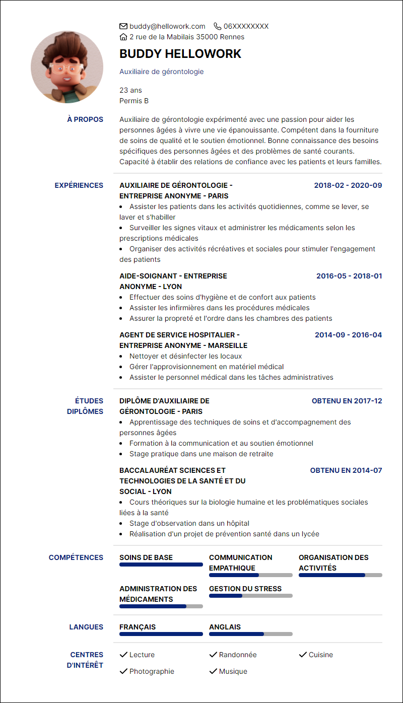 Exemple CV Auxiliaire de gérontologie | Hellowork