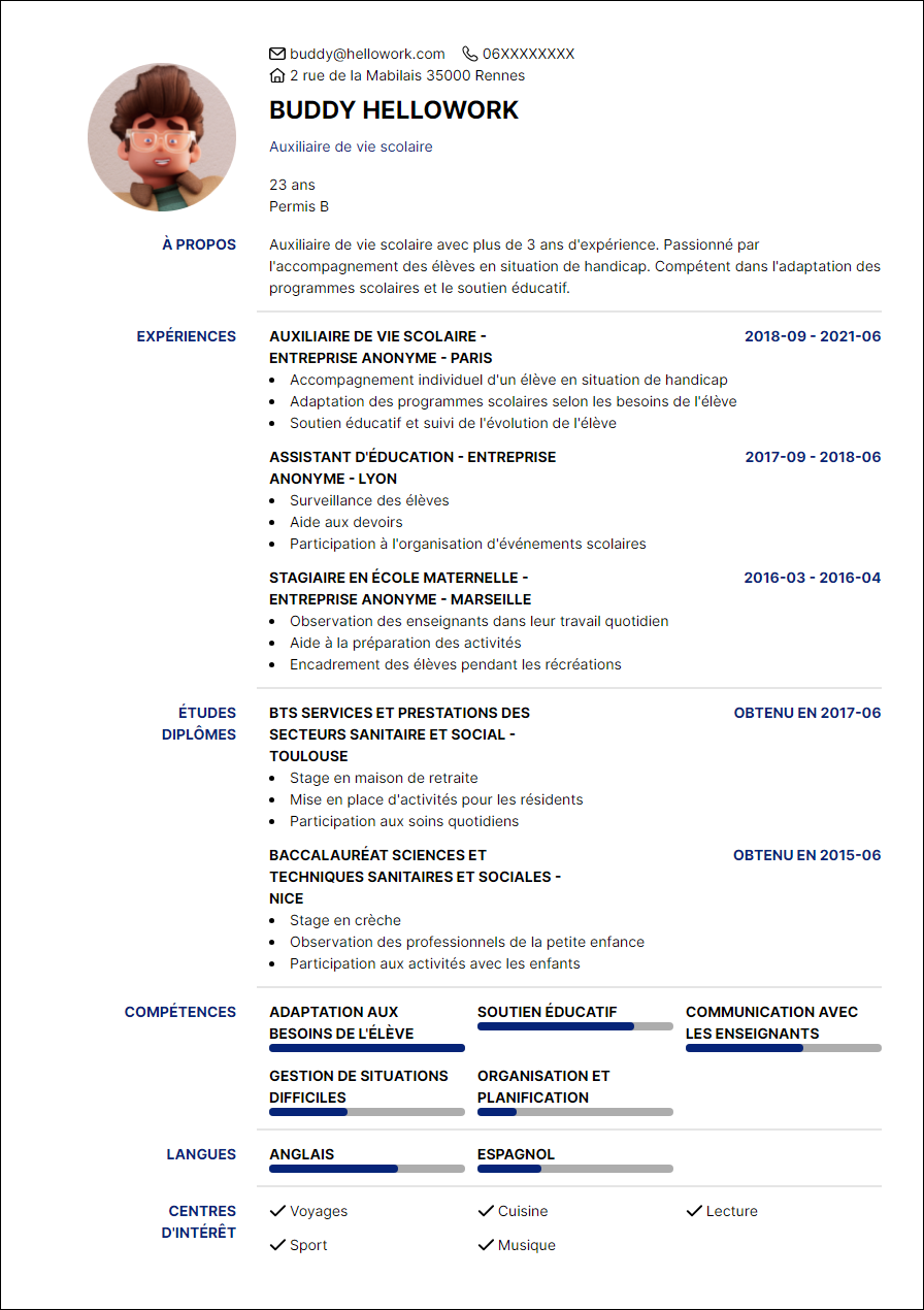 Exemple CV Auxiliaire de vie scolaire | Hellowork