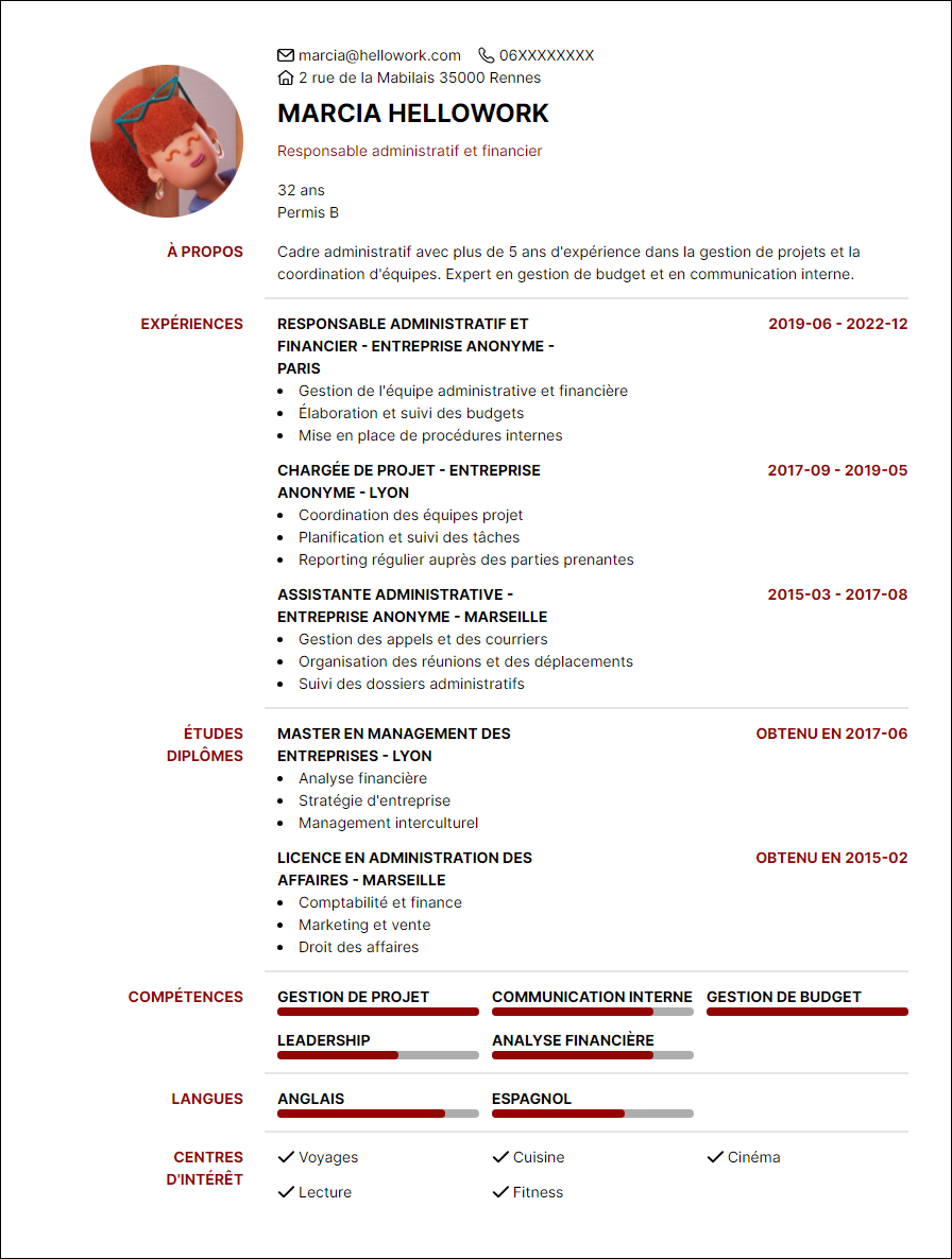 Exemple CV Cadre administratif | Hellowork