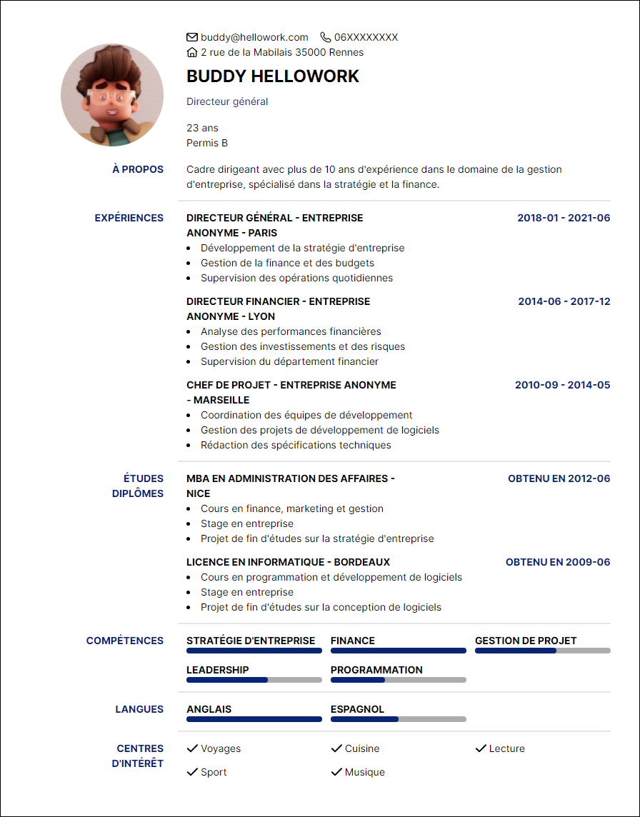 Exemple CV Cadre dirigeant | Hellowork