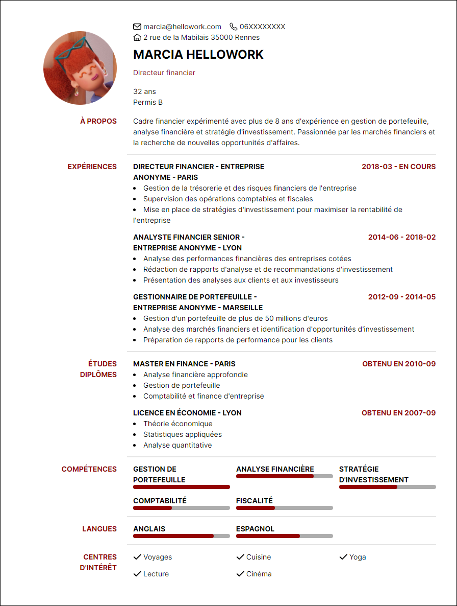 Exemple CV Cadre financier | Hellowork