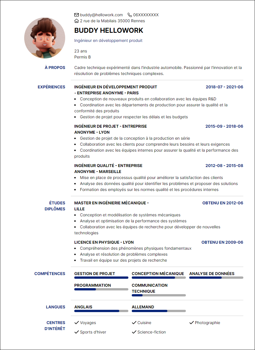 Exemple CV Cadre technique | Hellowork