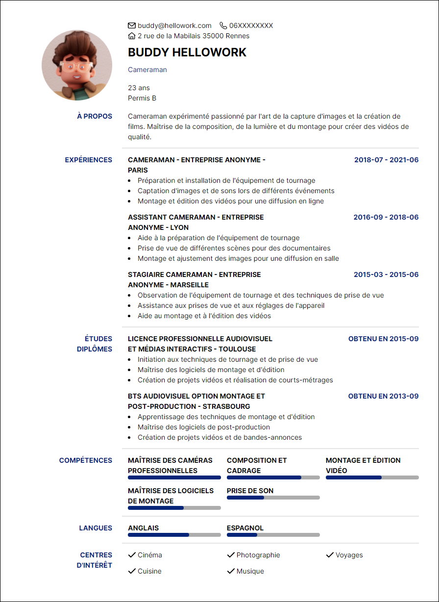 Exemple CV Cameraman | Hellowork