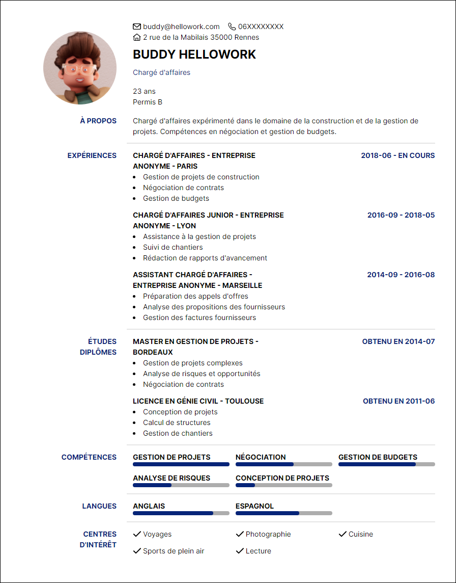 Exemple CV Chargé d'affaires | Hellowork