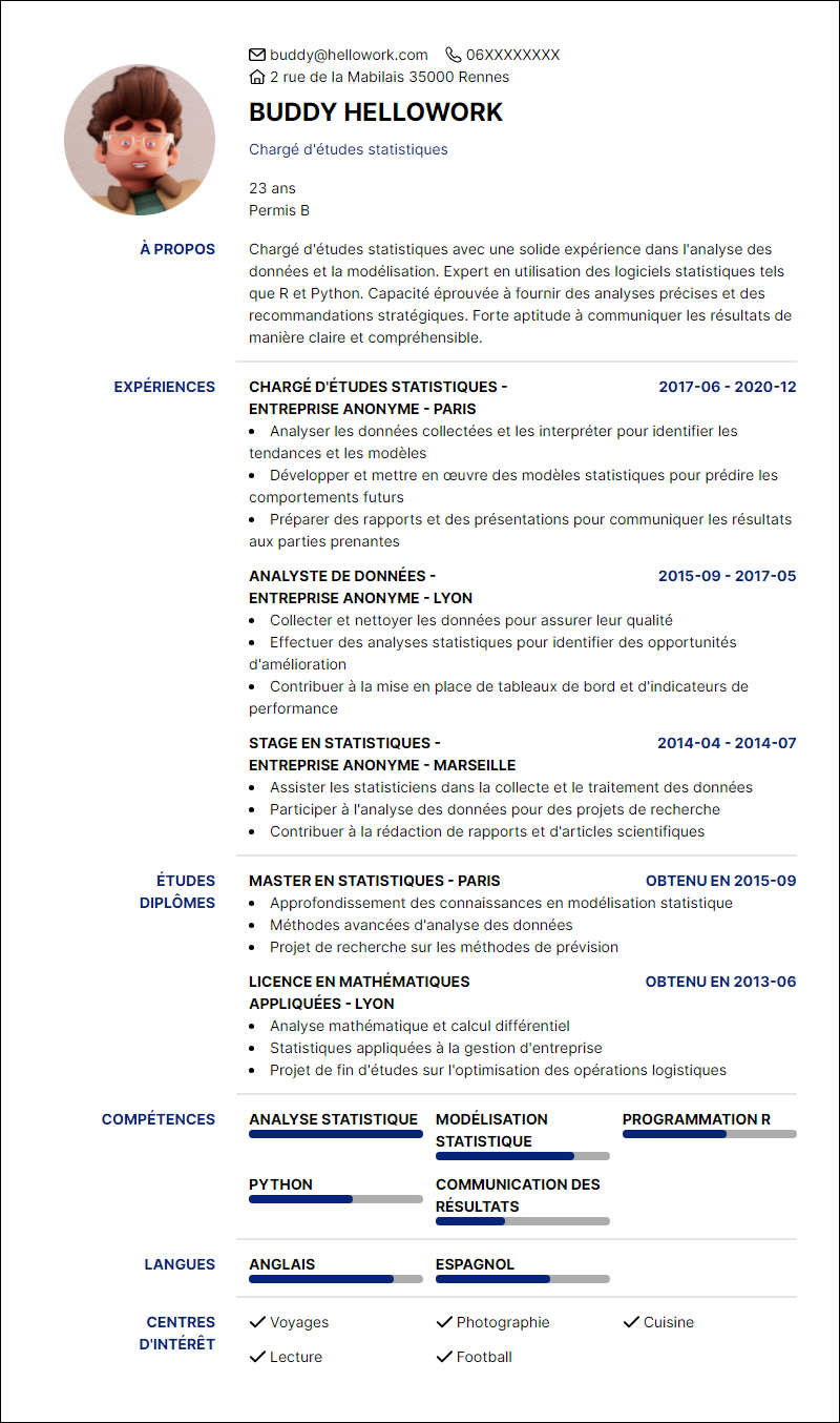 Exemple CV Chargé d'études statistiques | Hellowork