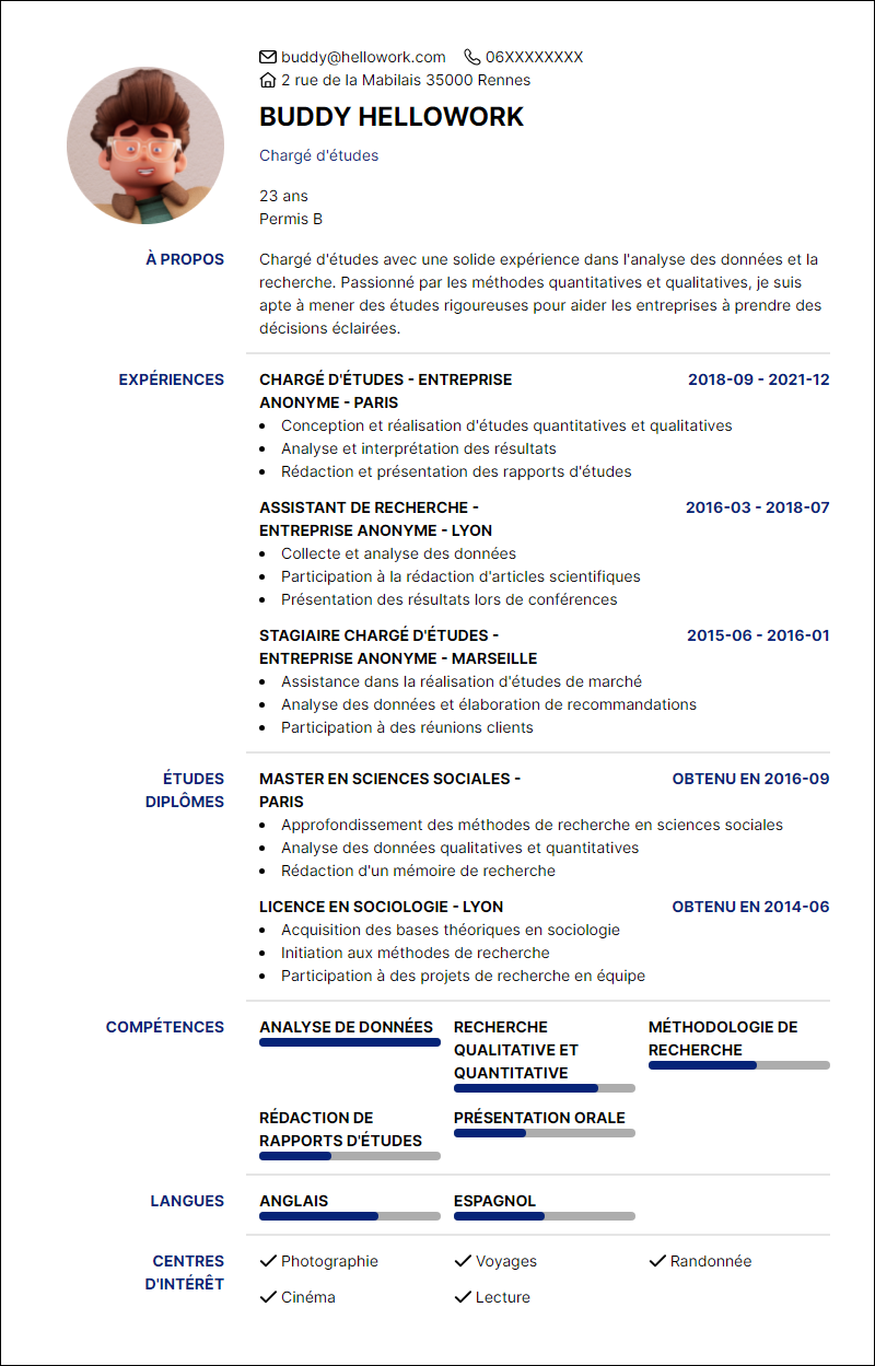 Exemple CV Chargé d'études | Hellowork