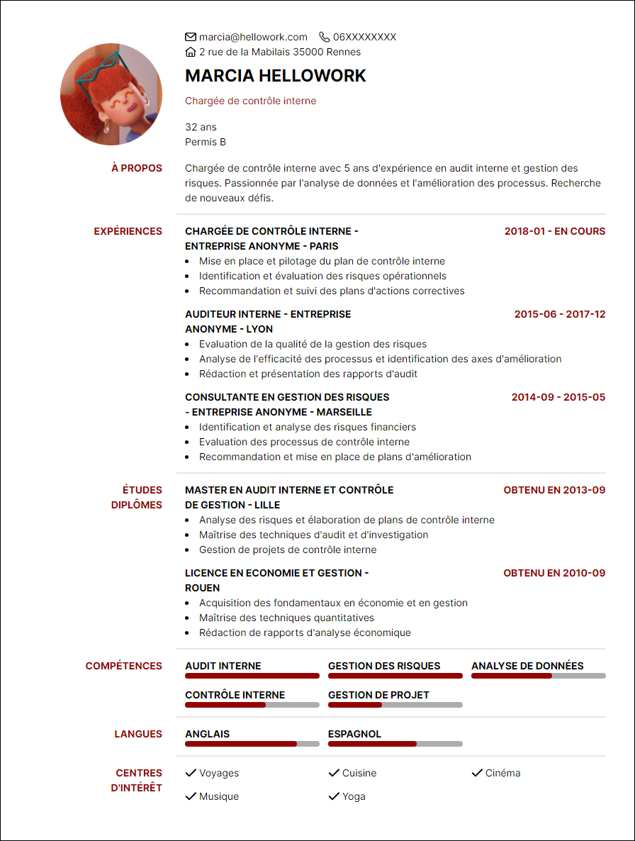 Exemple CV Chargé de contrôle interne | Hellowork
