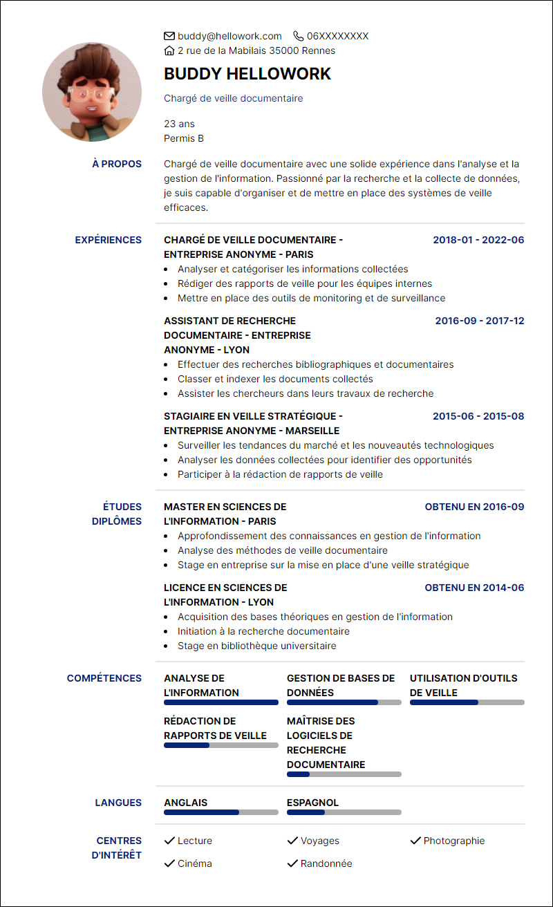 Exemple CV Chargé de veille | Hellowork