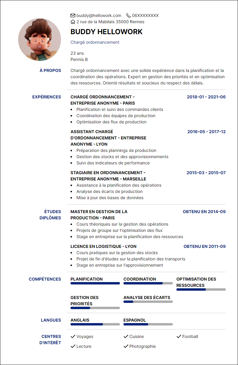 Exemple CV Ordonnanceur | Hellowork