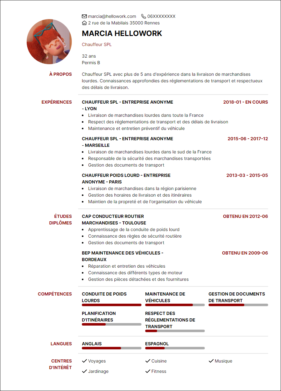 Exemple CV Chauffeur SPL | Hellowork