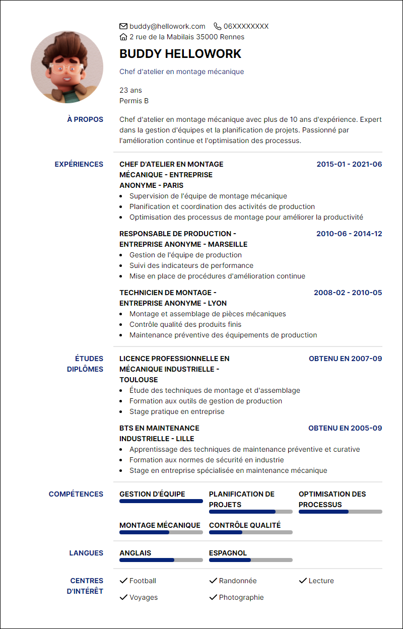 Exemple CV Chef d'atelier en mécanique | Hellowork
