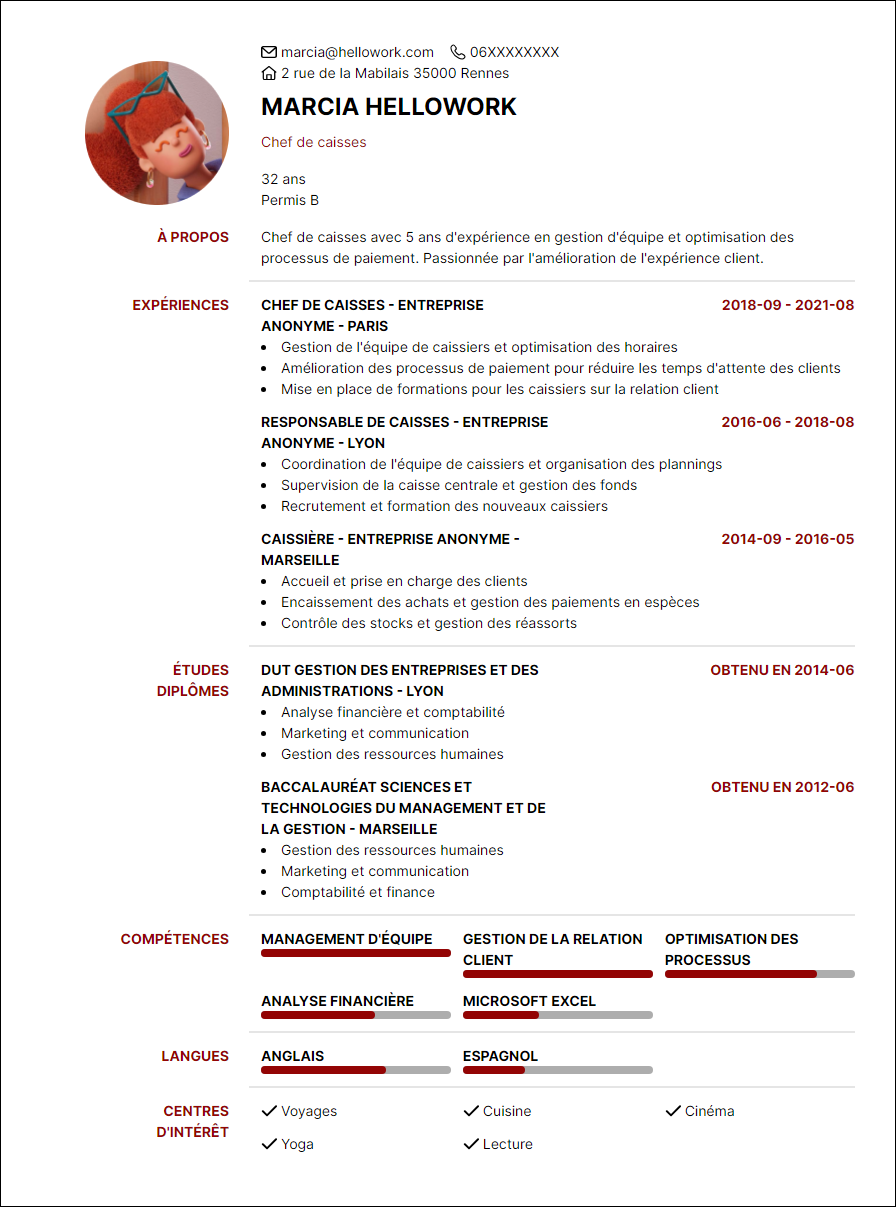 Exemple CV Chef de caisses | Hellowork