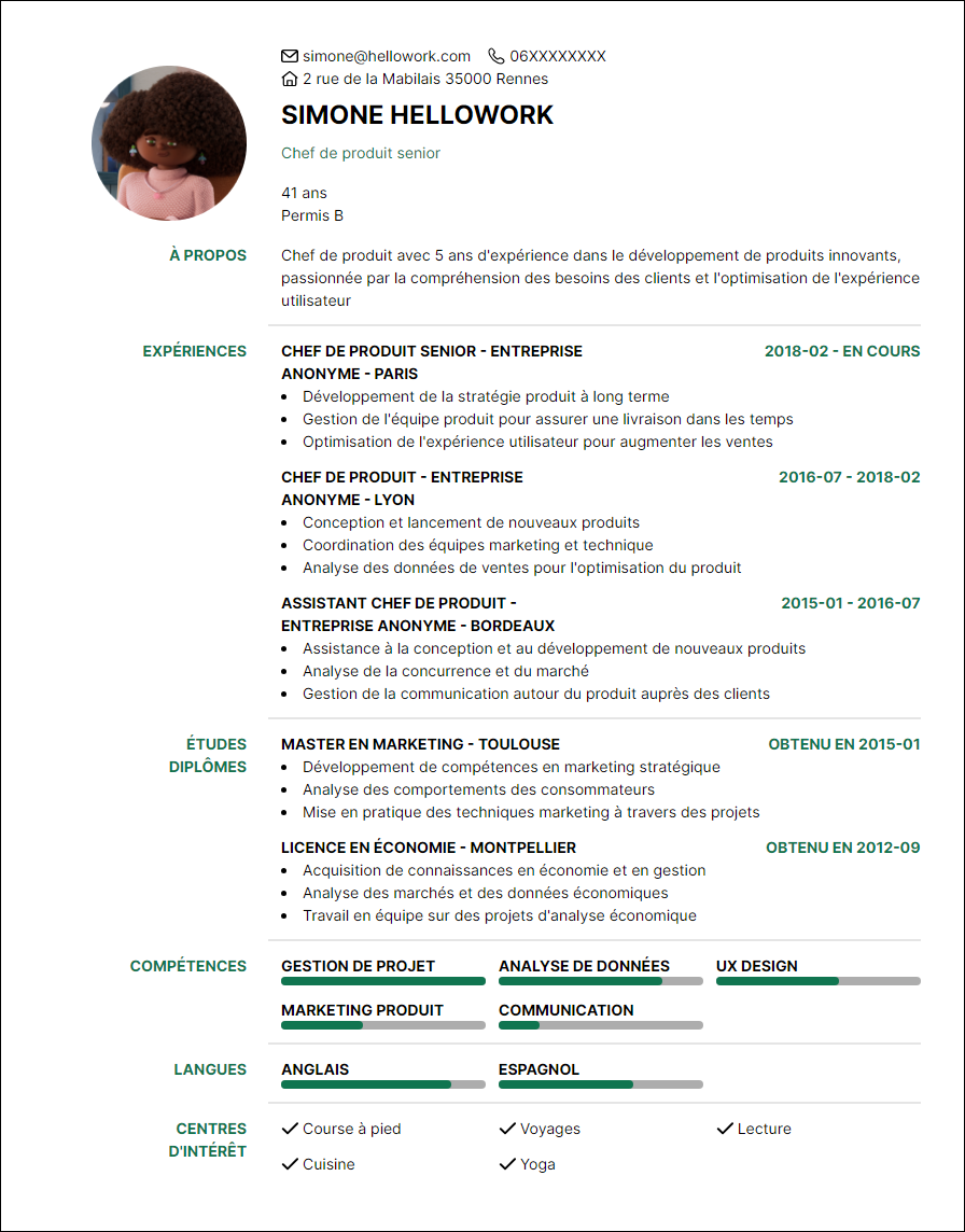 Exemple CV Chef de produit | Hellowork