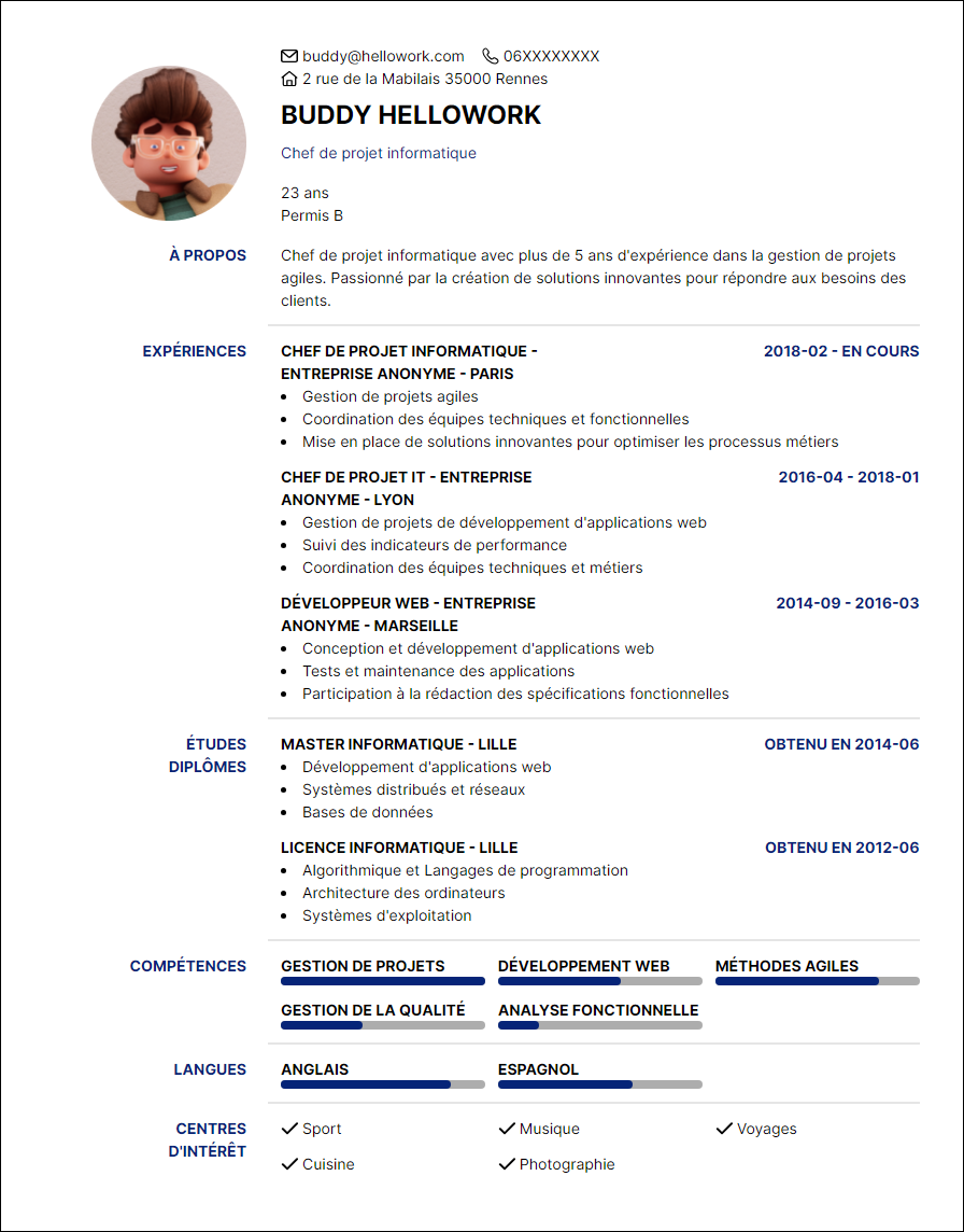 Exemple CV Chef de projet informatique | Hellowork
